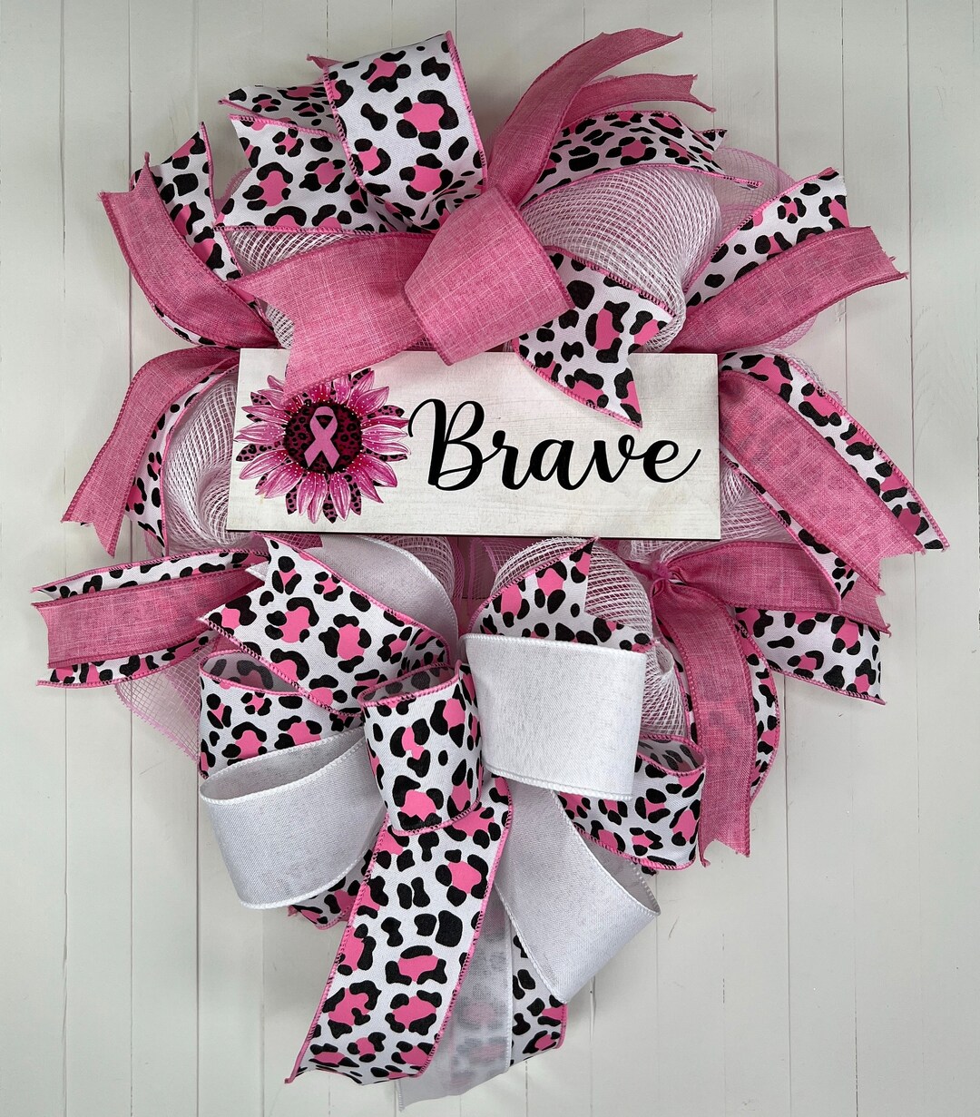 Breast Cancer Awareness Wreath for Front Door | Pink & White Deco Mesh ...