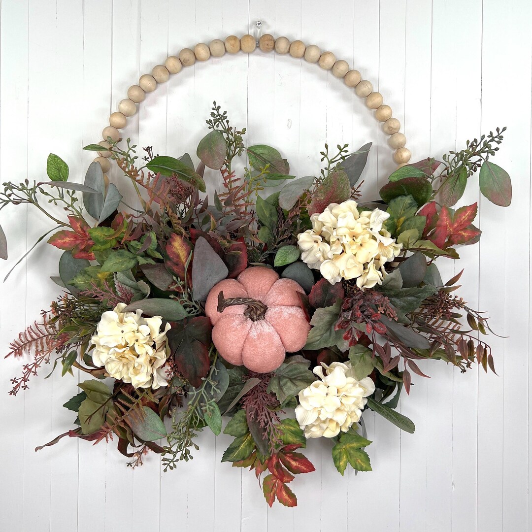Fall Bead Wreath With Hydrangeas & Velvet Pumpkin for Front Door ...