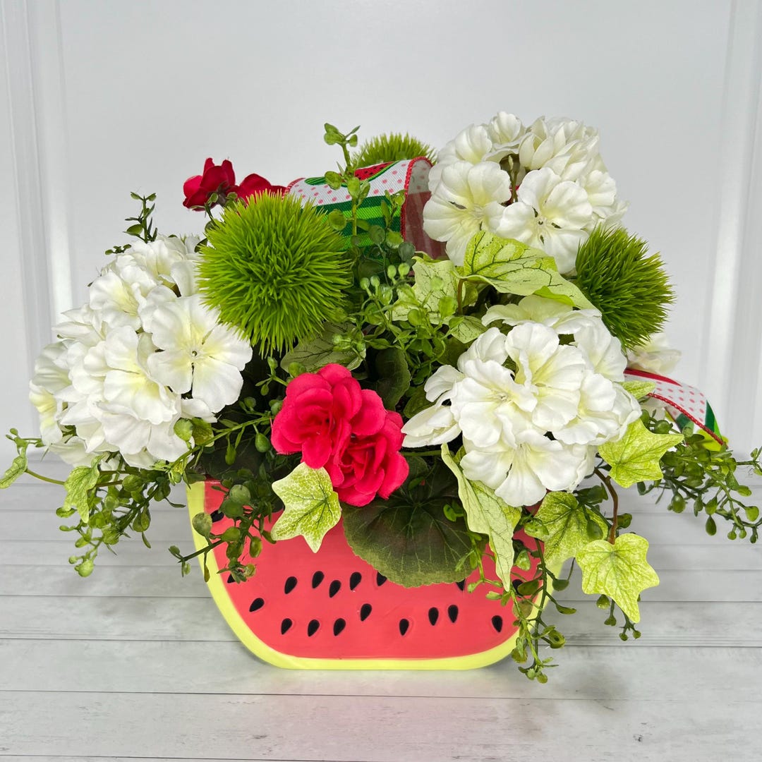 Summer Floral Arrangement | Geranium, Roses & Watermelon Centerpiece ...