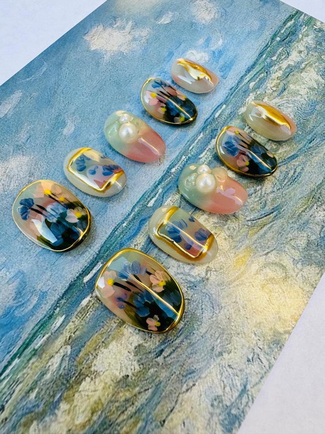 Monet Water Lilies Press on Nails: Hand-drawing Art, Long Nails - Etsy