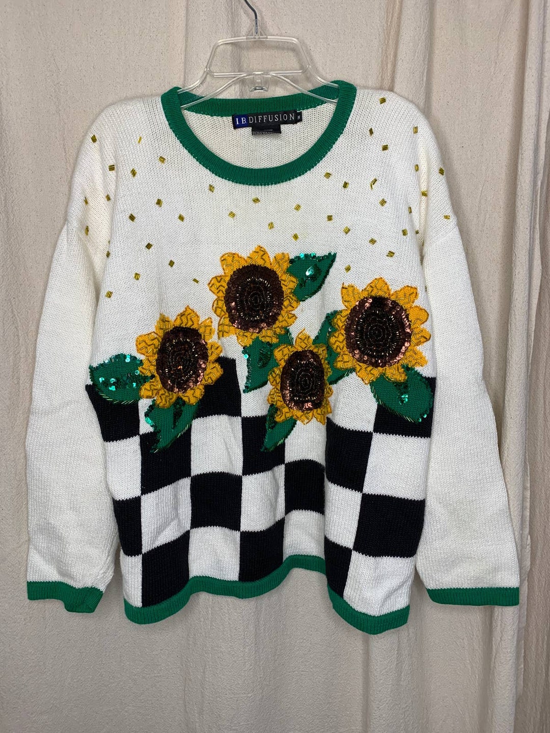 Vintage 1990s I.B. Diffusion Sunflower Checkered Retro Sequin Novelty ...