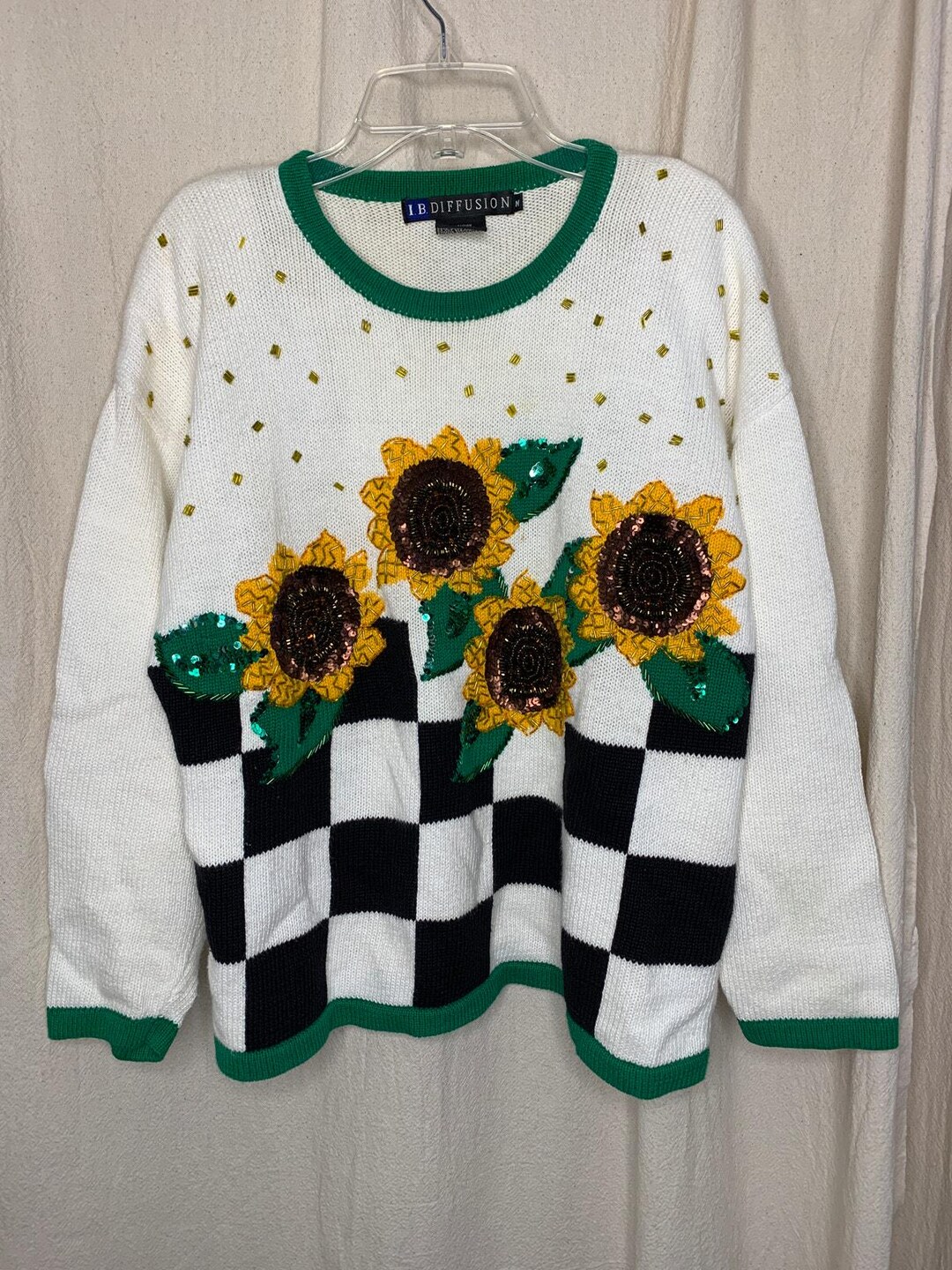 1990s IB Diffusion Sunflower Maximalist Checkered Retro Sequin Beaded ...