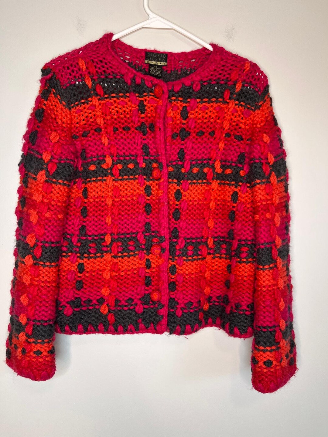 1990s Sigrid Olsen Pink Orange Gray Thick Soft Plaid Wool Granny ...