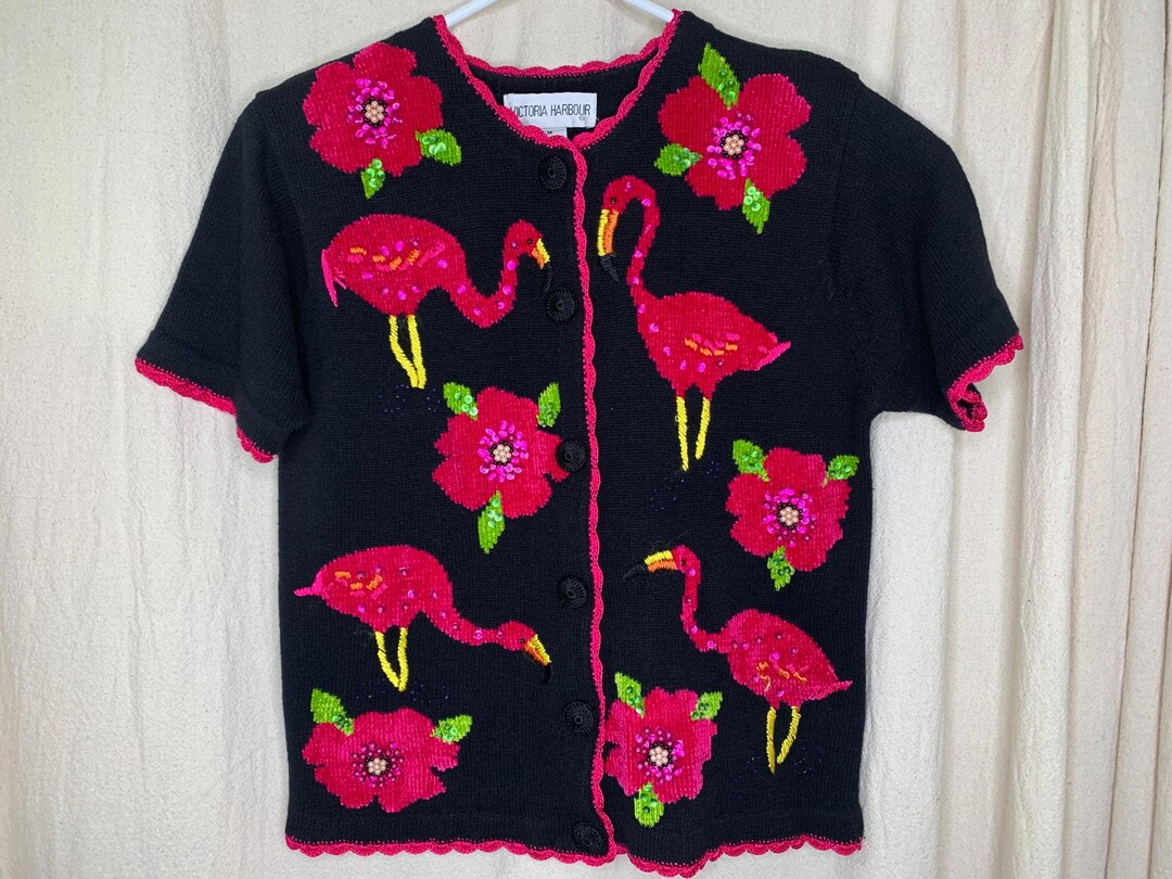 1990s Victoria Harbour Chenille Floral Flamingo Resort Maximalist ...