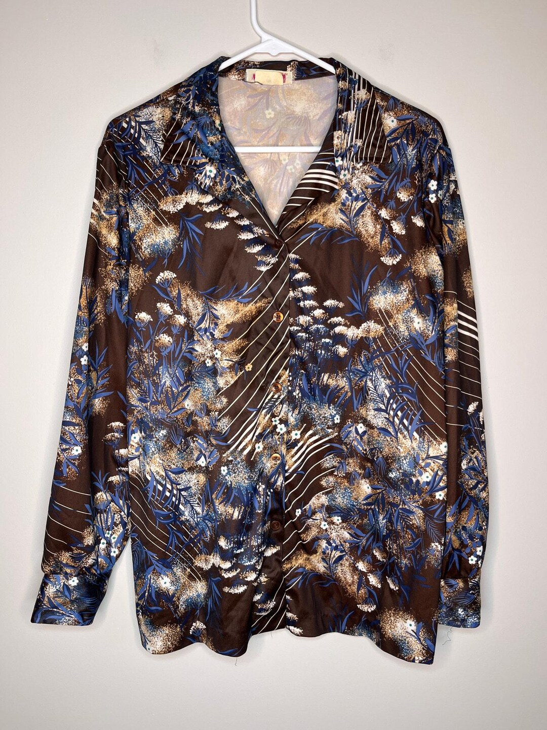 1970s Carol Henry Blue Chocolate Brown Floral Stripe Open Collar Disco ...