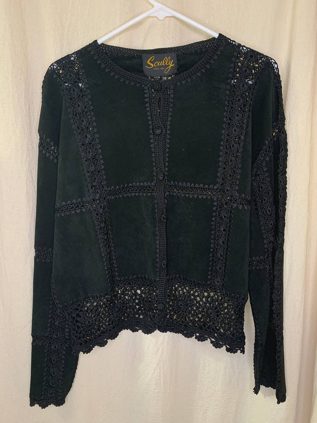 Scully Black Suede Leather Crochet Patchwork Festival Rodeo Cropped ...
