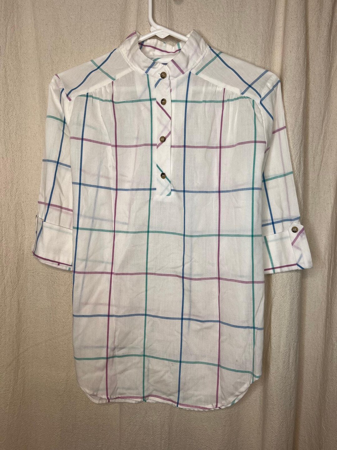 1980s American Blouse Pastel Window Pane Mandarin Collar Tab Sleeve ...