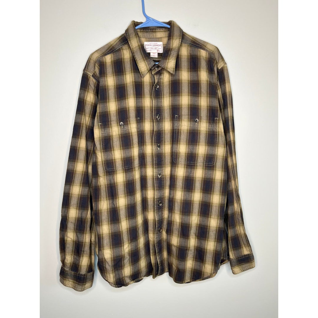 Filson Garment Tan Black Checker Plaid Thick Cotton Grunge Flannel ...