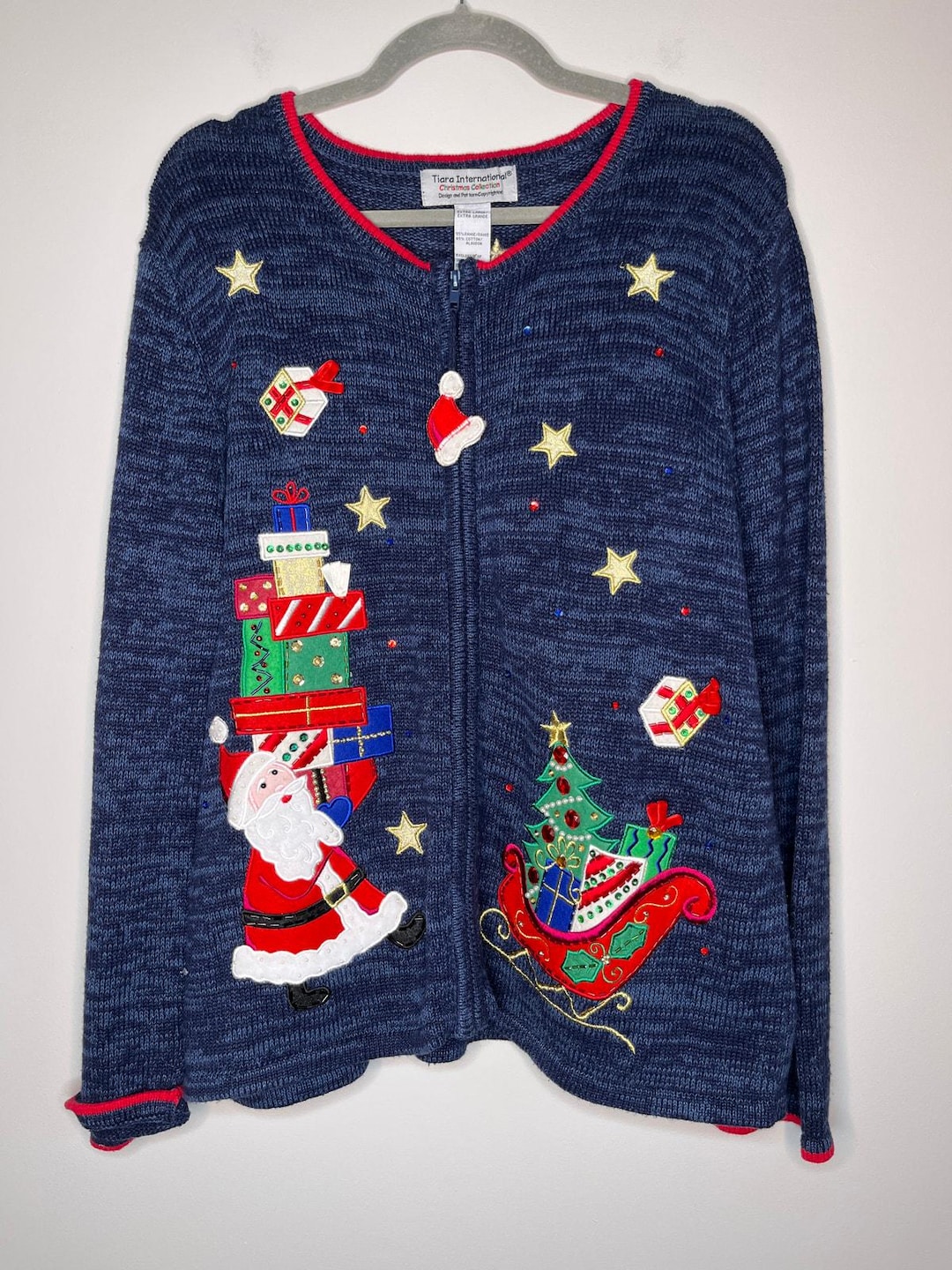 2000s Tiara International Blue Red Christmas Santa Sleigh Full Zip ...