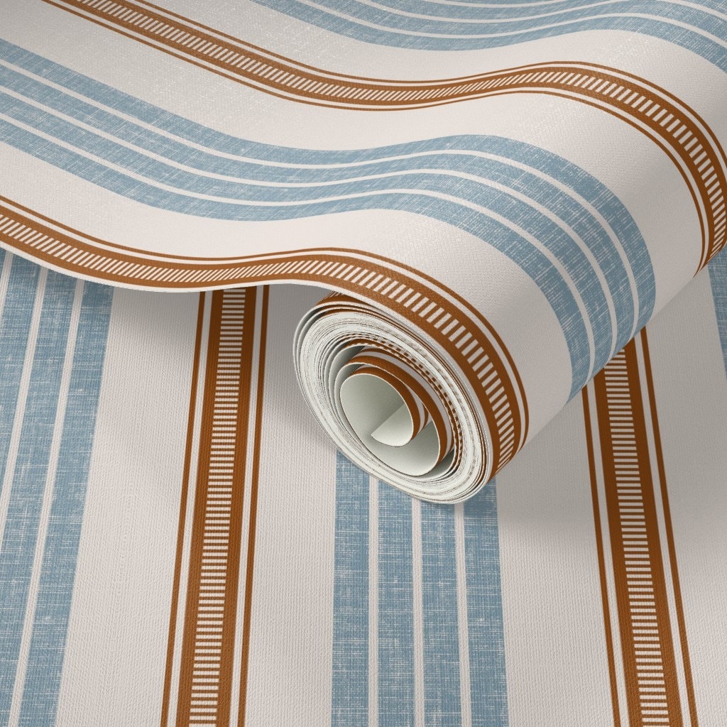 Traditional Textured Linen Blue Stripe Wallpaper. Removable Smooth Pre ...