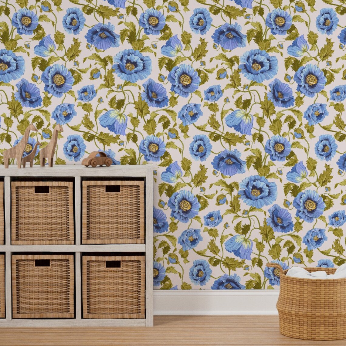 Large Vintage Blue Poppy Floral Wallpaper. Removable Smooth Pre-pasted ...