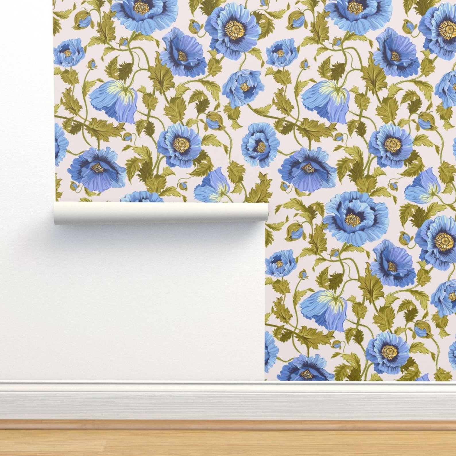 Large Vintage Blue Poppy Floral Wallpaper. Removable Smooth Pre-pasted ...