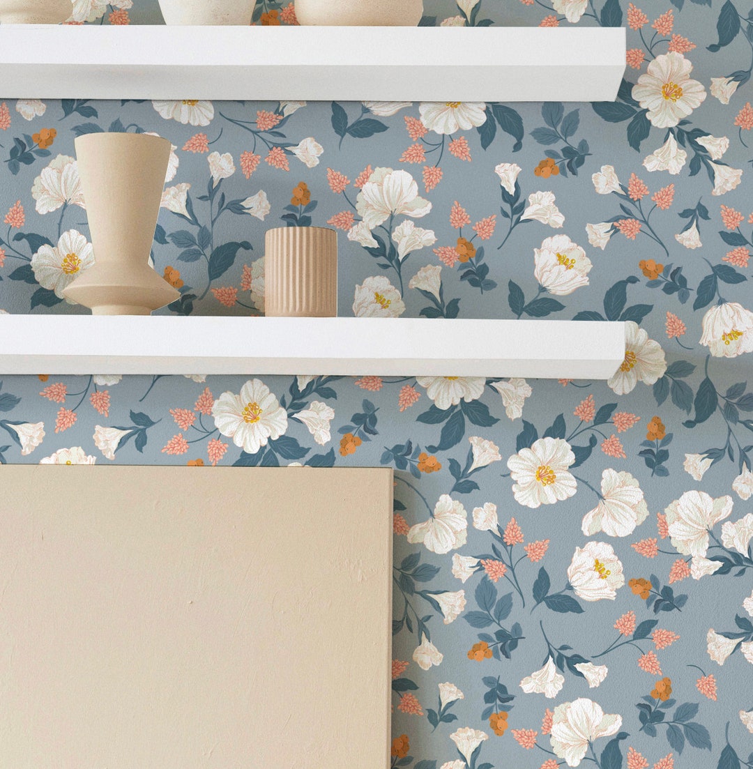 Dusty Blue Moody White Floral Blossoms . Removable Smooth - Etsy