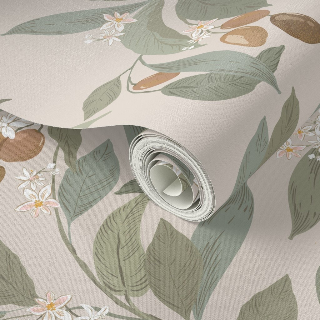Calm Sage Green Leaf Wallpaper With Olive Branch Design. Vintage Floral ...