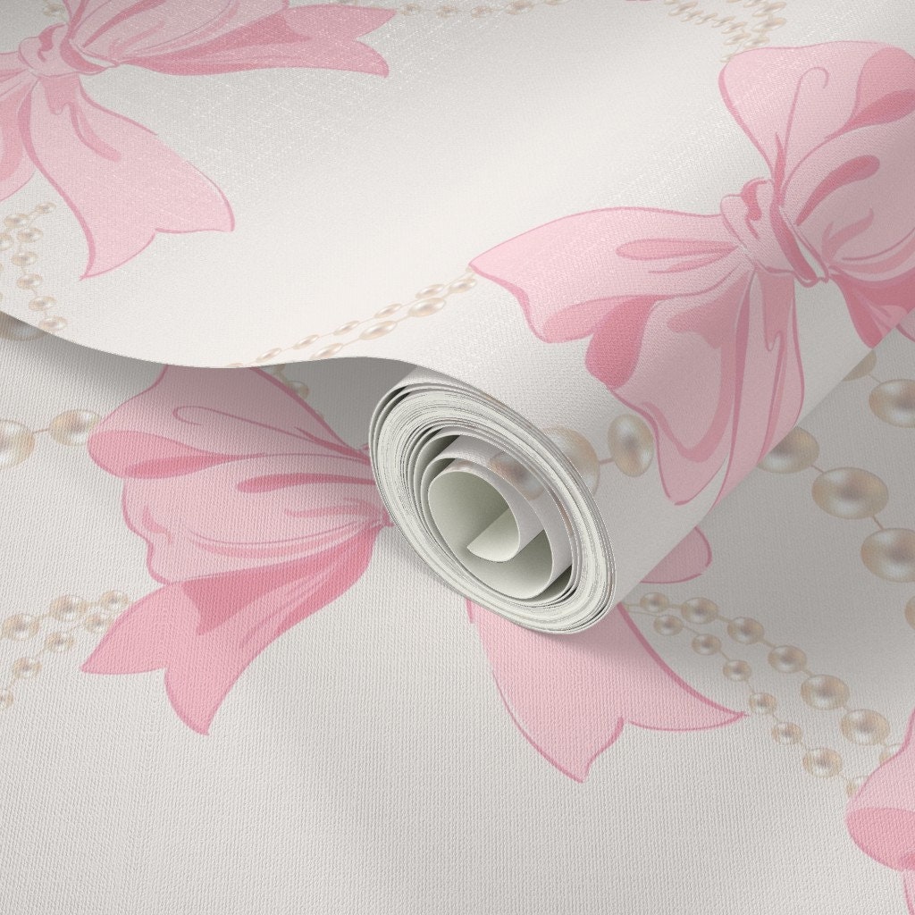 Pearls and Pretty Pink Bows Nursery Wallpaper. Coquette Aesthetic Girl ...