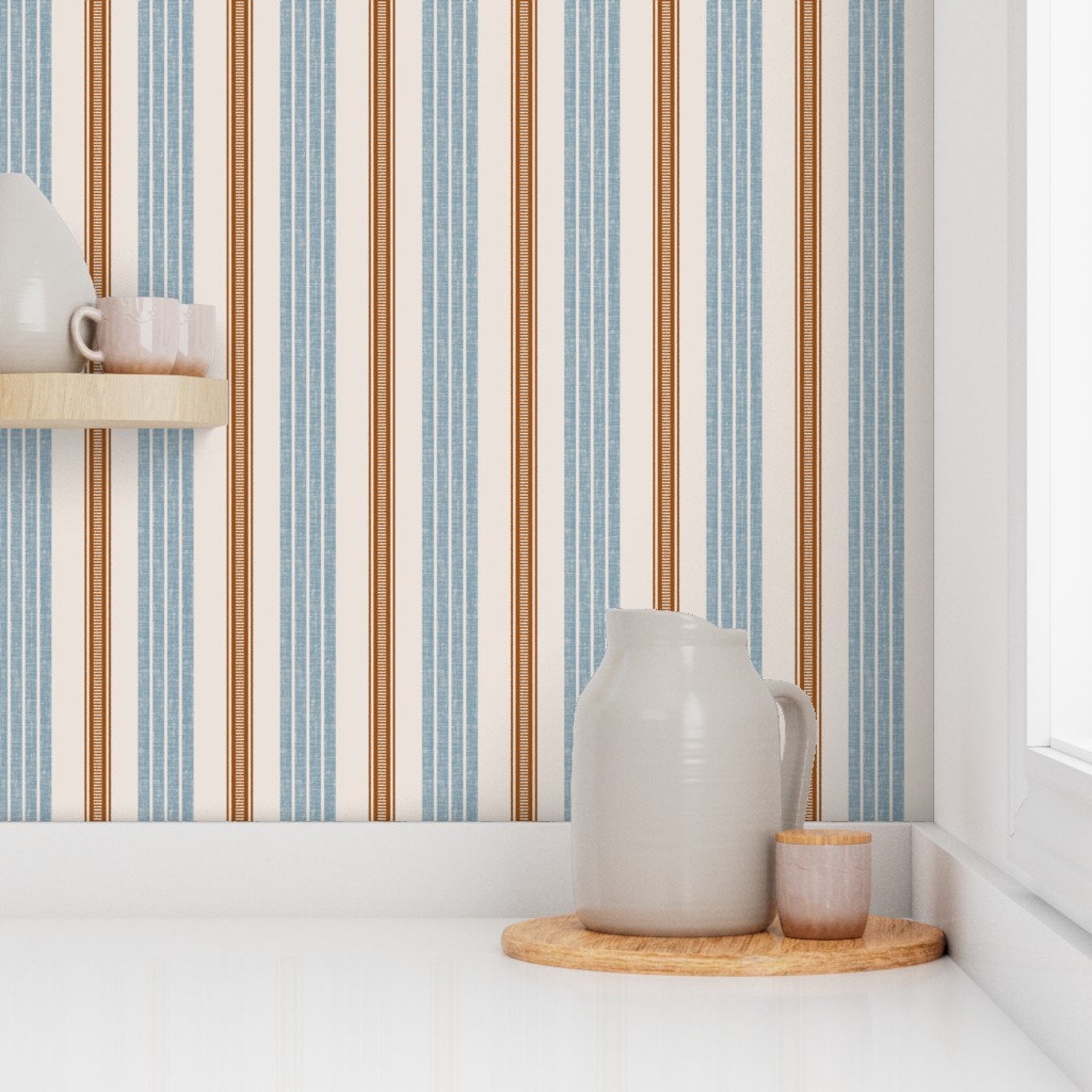 Traditional Textured Linen Blue Stripe Wallpaper. Removable Smooth Pre ...