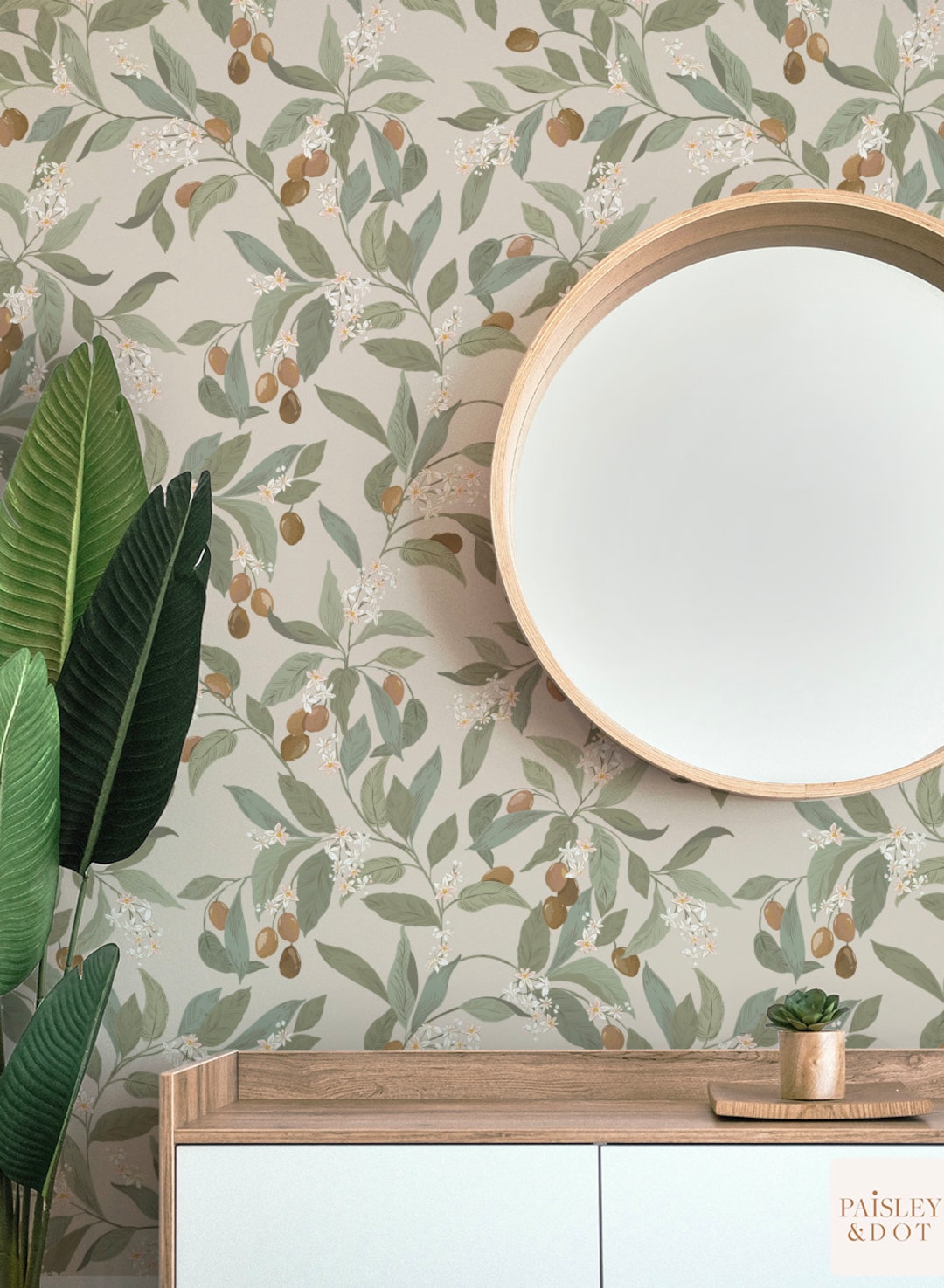 Calm Sage Green Leaf Wallpaper With Olive Branch Design. Vintage Floral ...