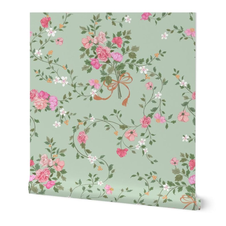 Grandmillennial Rose Vines Mint Green. Floral Cottagecore Shabby Chic ...