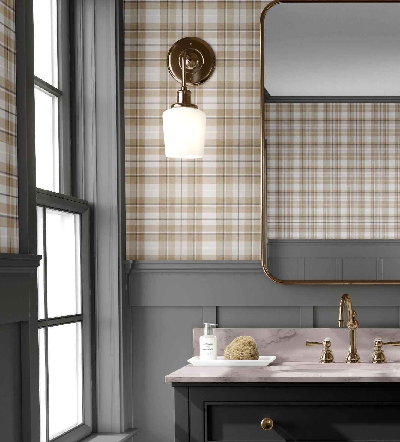 Farmhouse Neutral Traditional Plaid Wallpaper. Tan Cream and Black ...