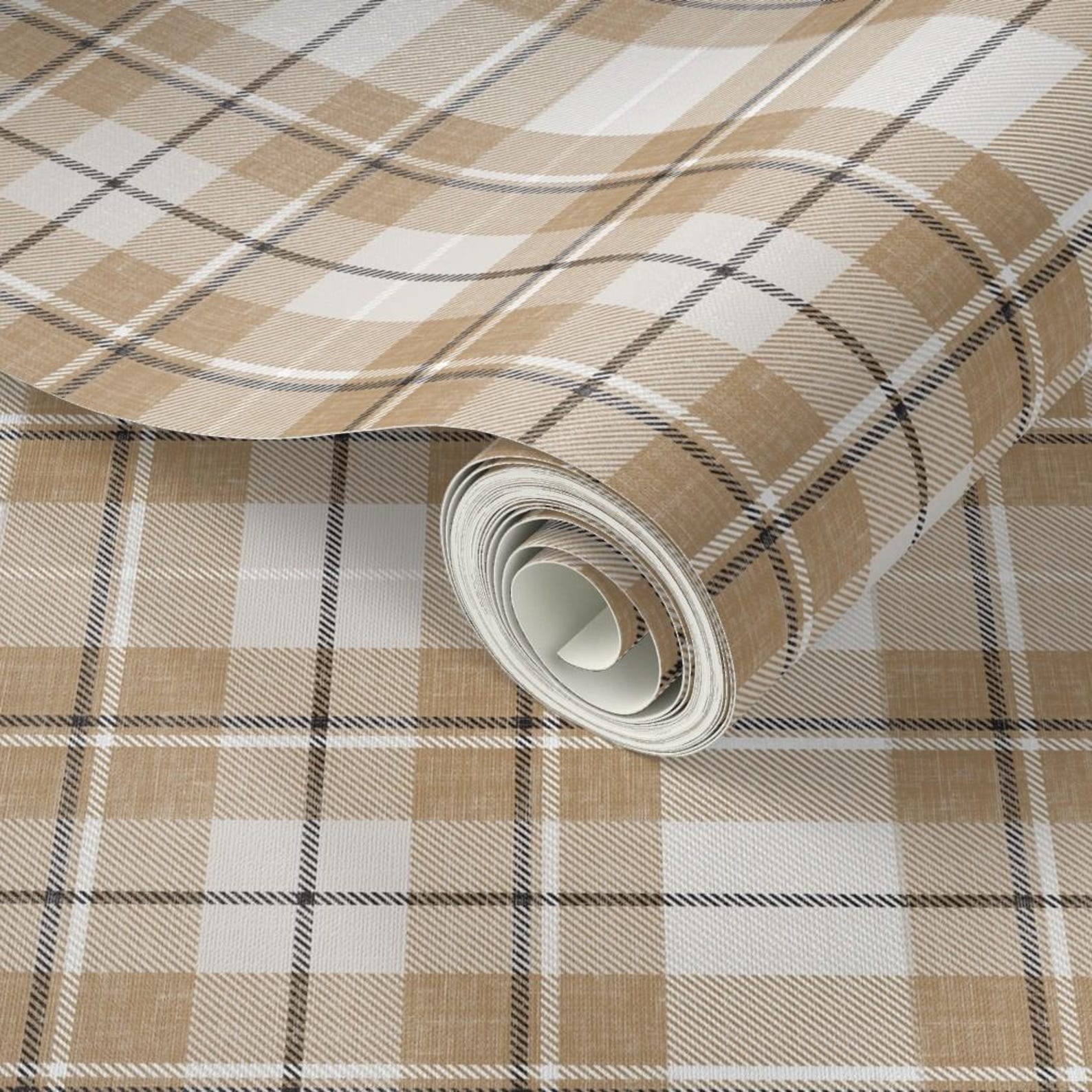 Farmhouse Neutral Traditional Plaid Wallpaper. Tan Cream and Black ...
