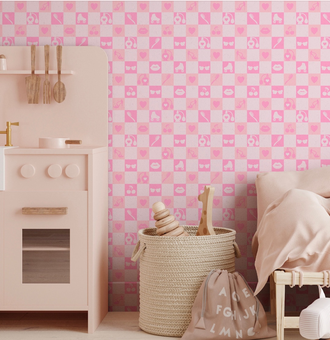 Barbiecore Pink Checker Wallpaper. Girls Playroom, Bedroom or Nursery ...