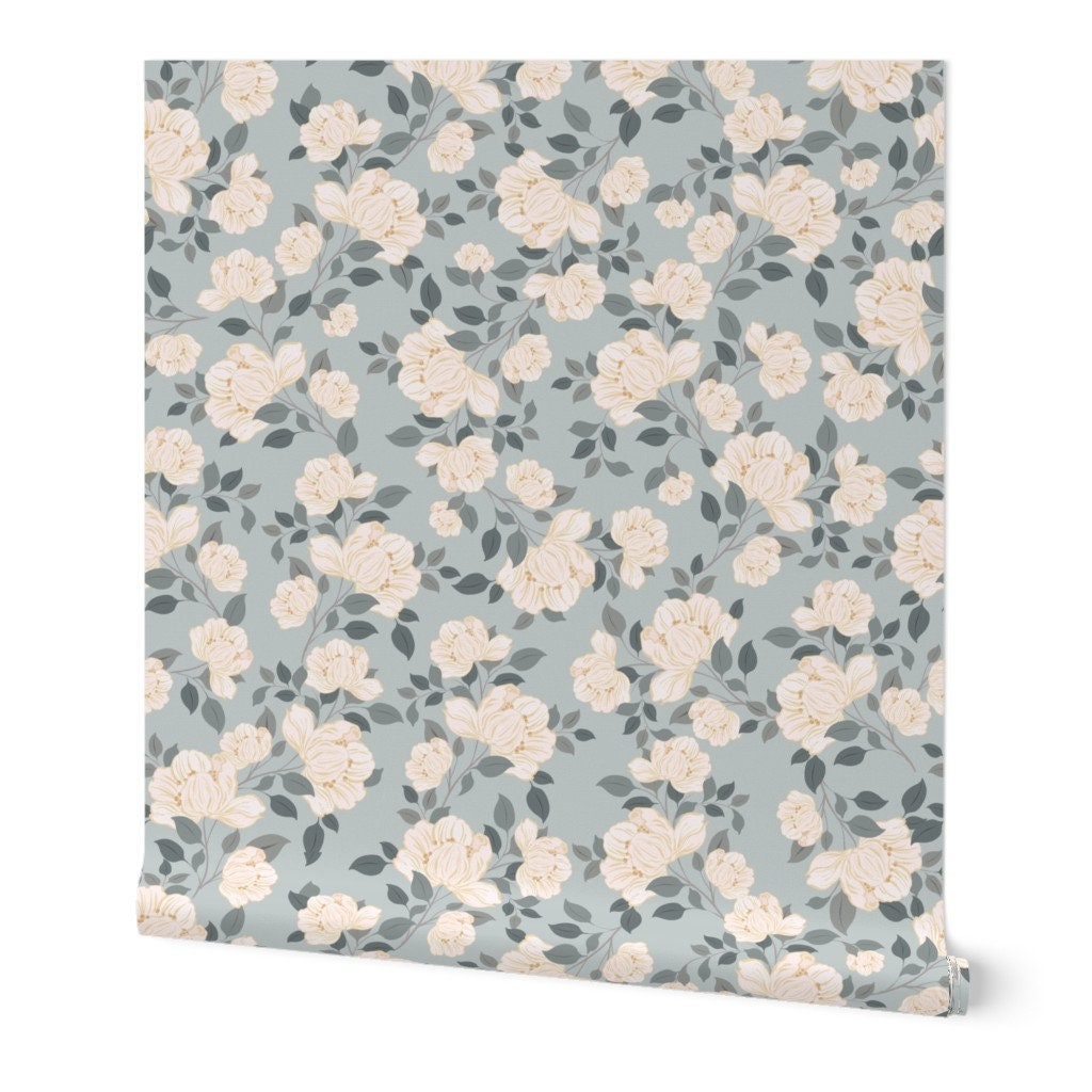 Dusty Blue Floral Wallpaper for Modern Vintage Cottagecore Rooms ...