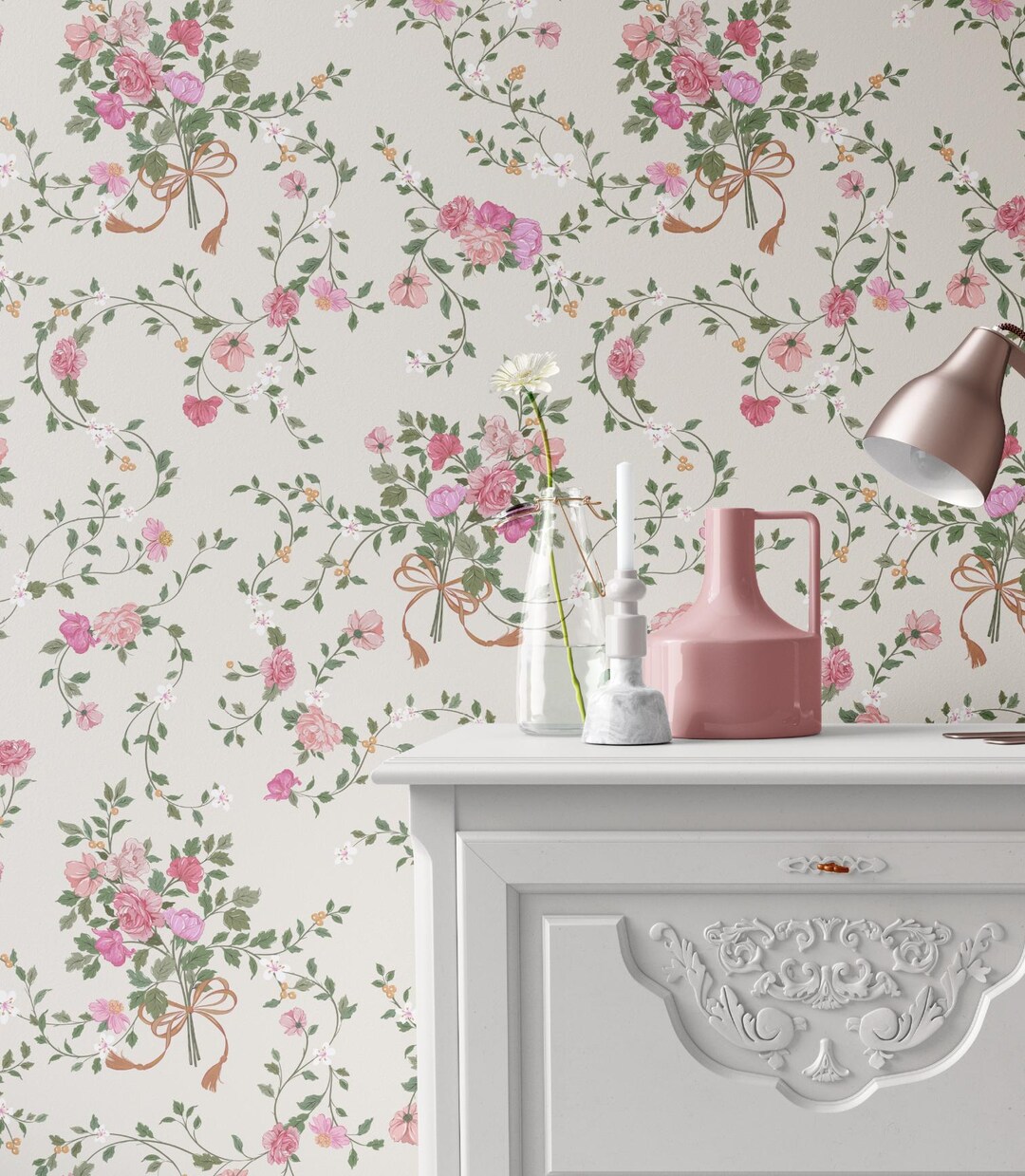 Grandmillennial Rose Vines Cream Pink Floral Cottagecore Shabby Chic ...