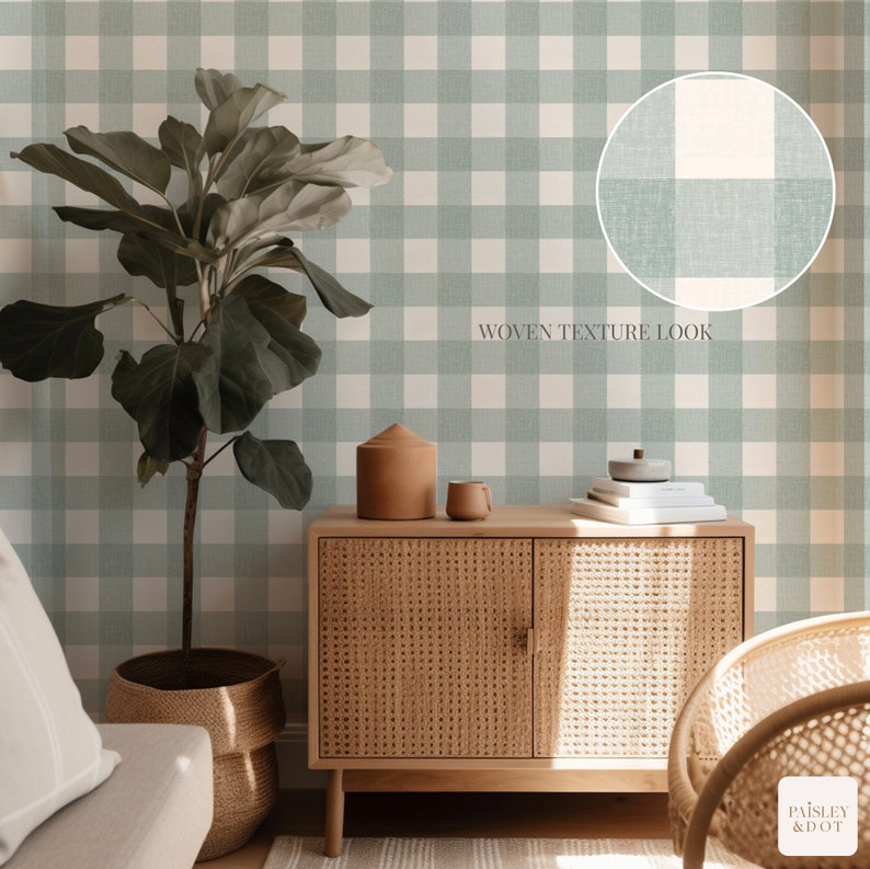 Neutral Sage Green Farmhouse Gingham Wallpaper in Woven Linen - Etsy