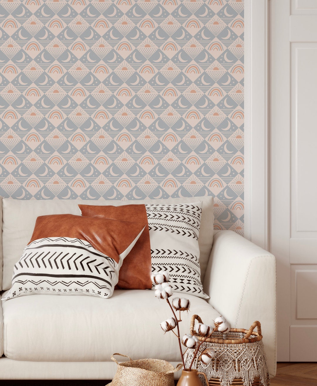 Boho Neutral Celestial Geo_ Star Moon Rainbow Sun. Removable Smooth Pre ...