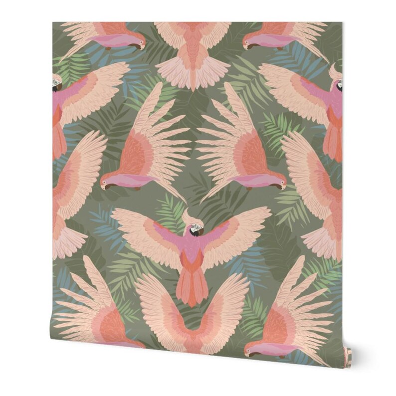 Pink Parrot Tropical Wallpaper, Exotic Birds, Peel and Stick - Etsy