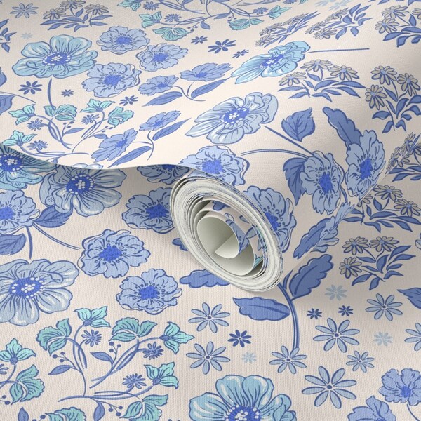 Large Blue Floral Wallpaper - Etsy