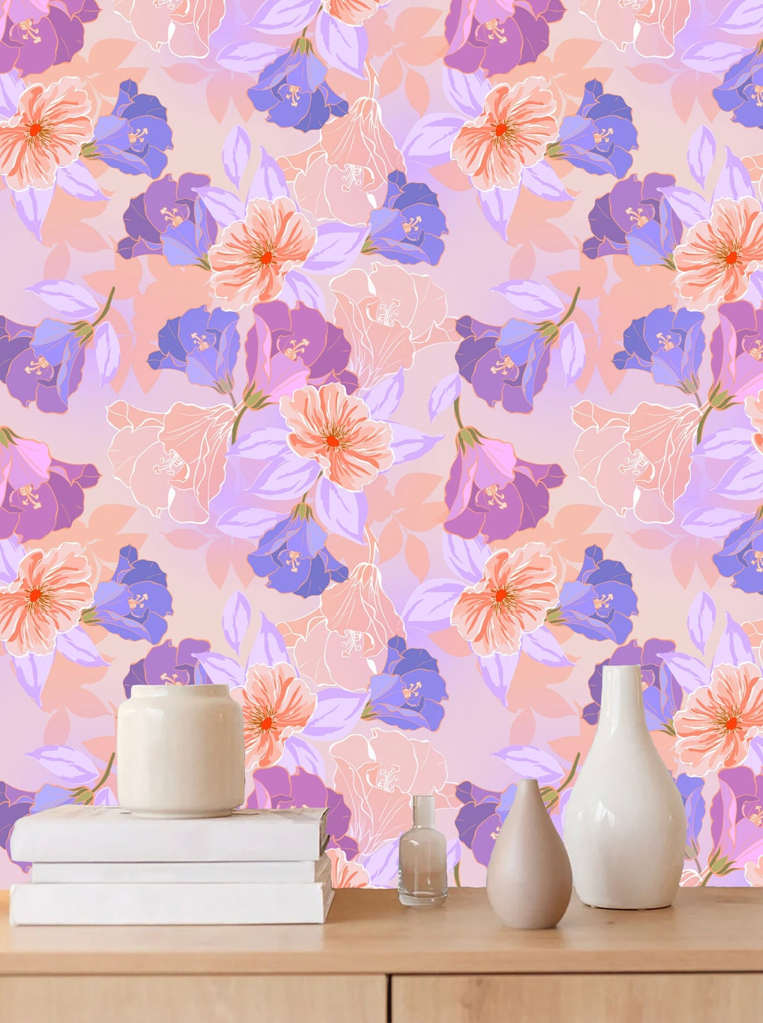 Purple and Orange Delicate Floral Wallpaper. Removable Smooth Pre ...