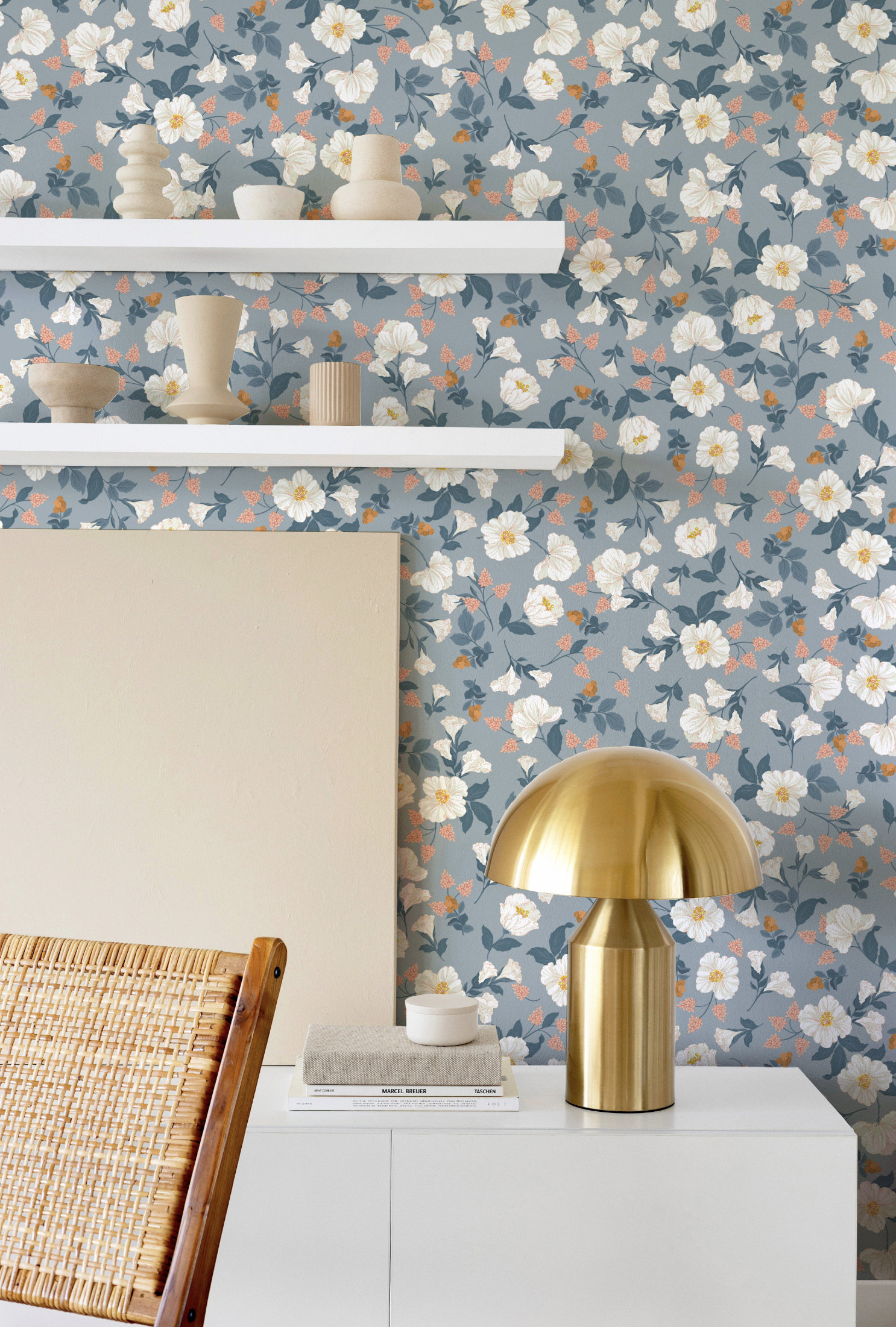 Dusty Blue Moody White Floral Blossoms . Removable Smooth Pre-pasted ...