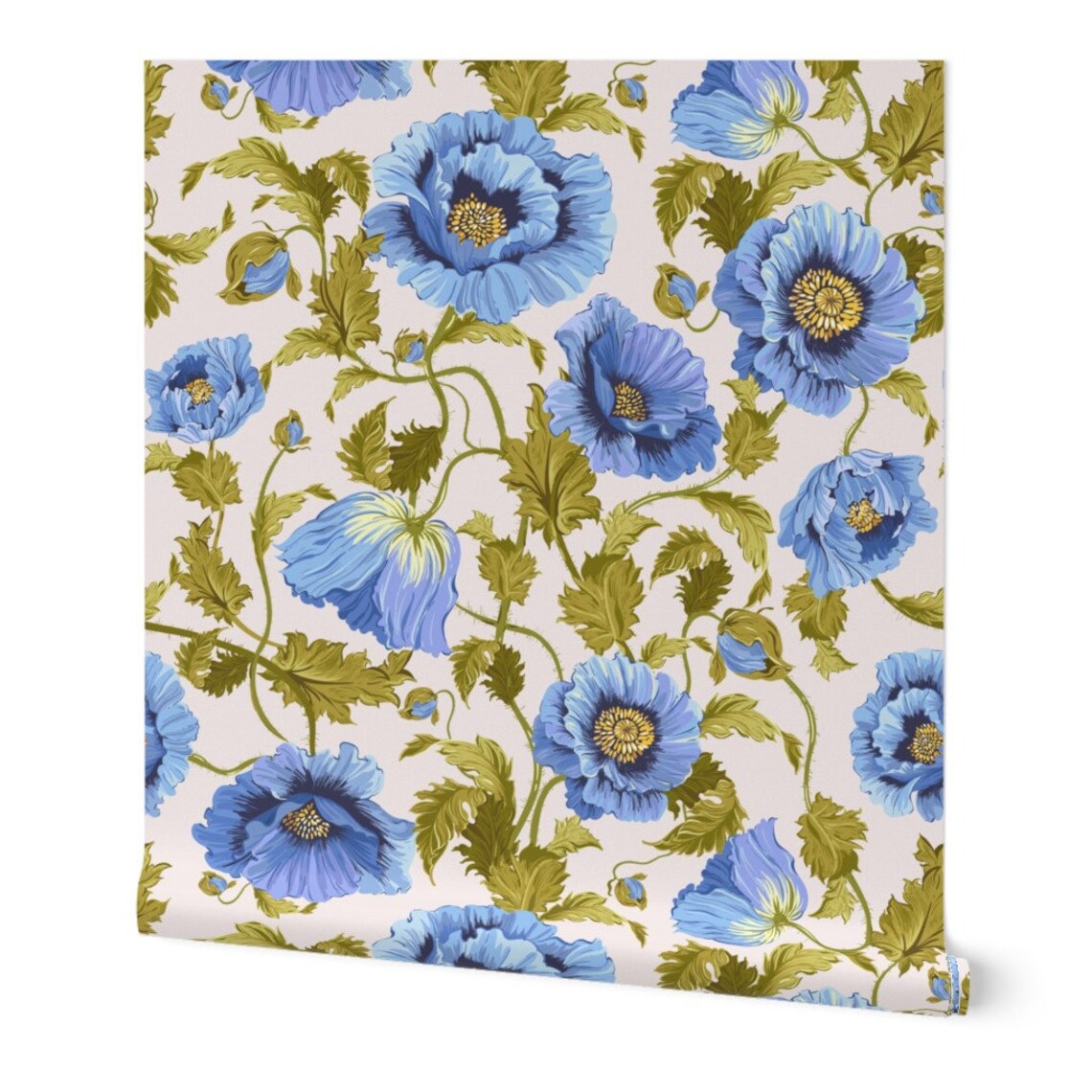 Large Vintage Blue Poppy Floral Wallpaper. Removable Smooth Pre-pasted ...