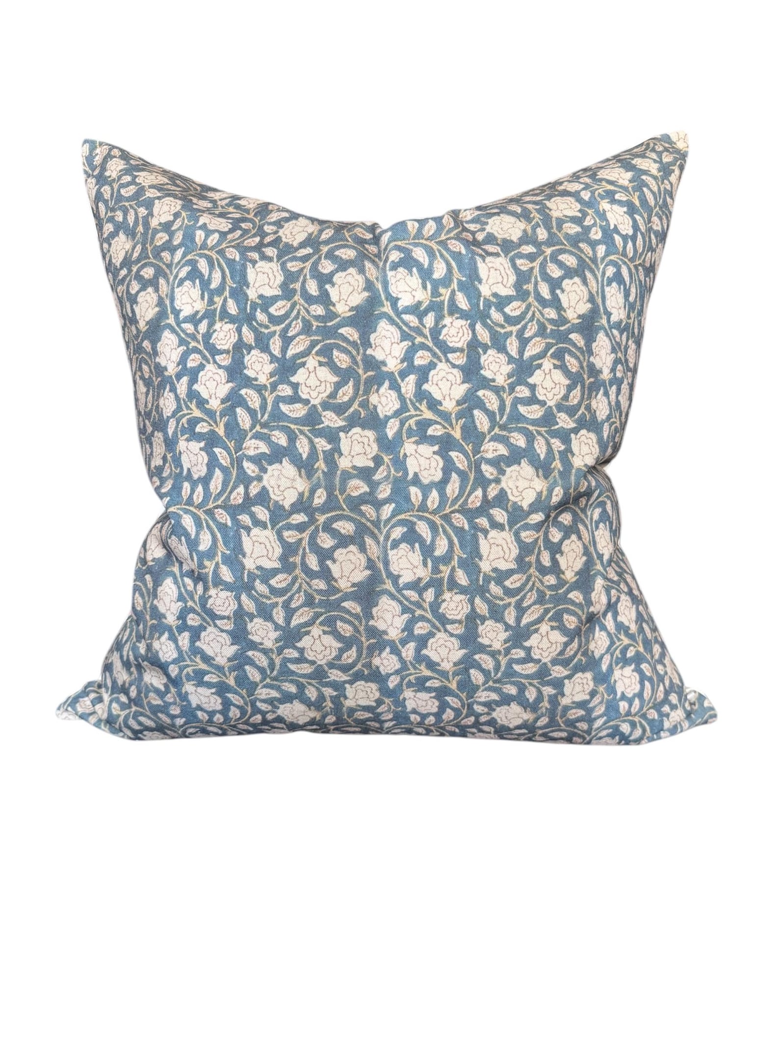 Floral Pillow Cover: Blue Linen-cotton Throw Pillow, Hand-stamped ...