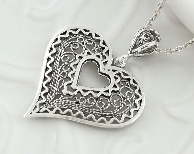 925 Sterling Silver Filigree Art Heart Pendant Necklace, Solid Silver ...