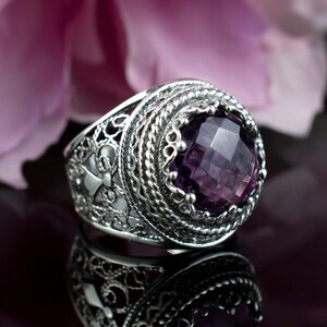 925 Sterling Silver Women Bold Ring, Filigree Lace Detailed Amethyst ...