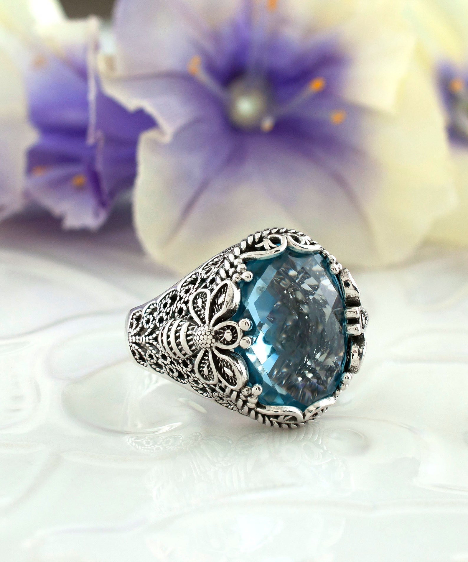 925 Sterling Silver Blue Topaz Gemstone Women Statement Ring, Handmade ...