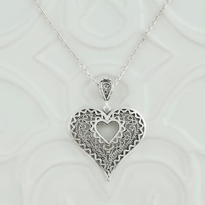 925 Sterling Silver Filigree Art Heart Pendant Necklace, Solid Silver ...
