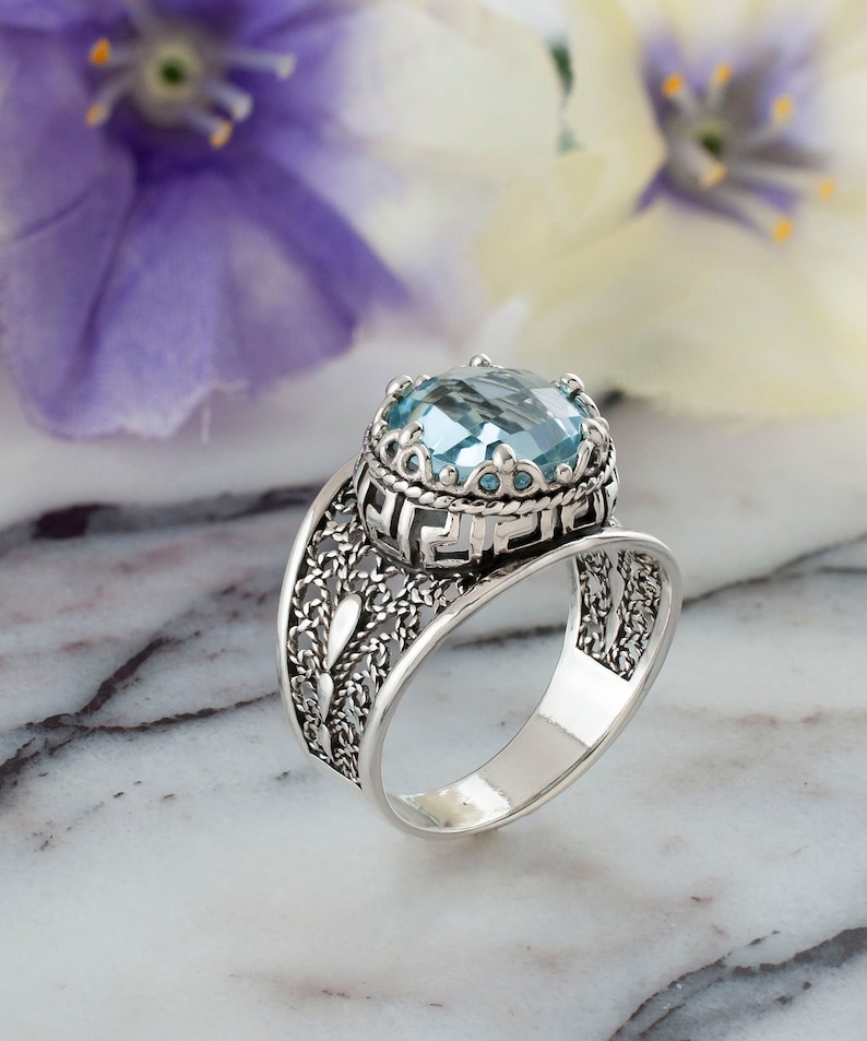 Sky Blue Topaz Gemstone 925 Sterling Silver Greek Key Cocktail Ring ...