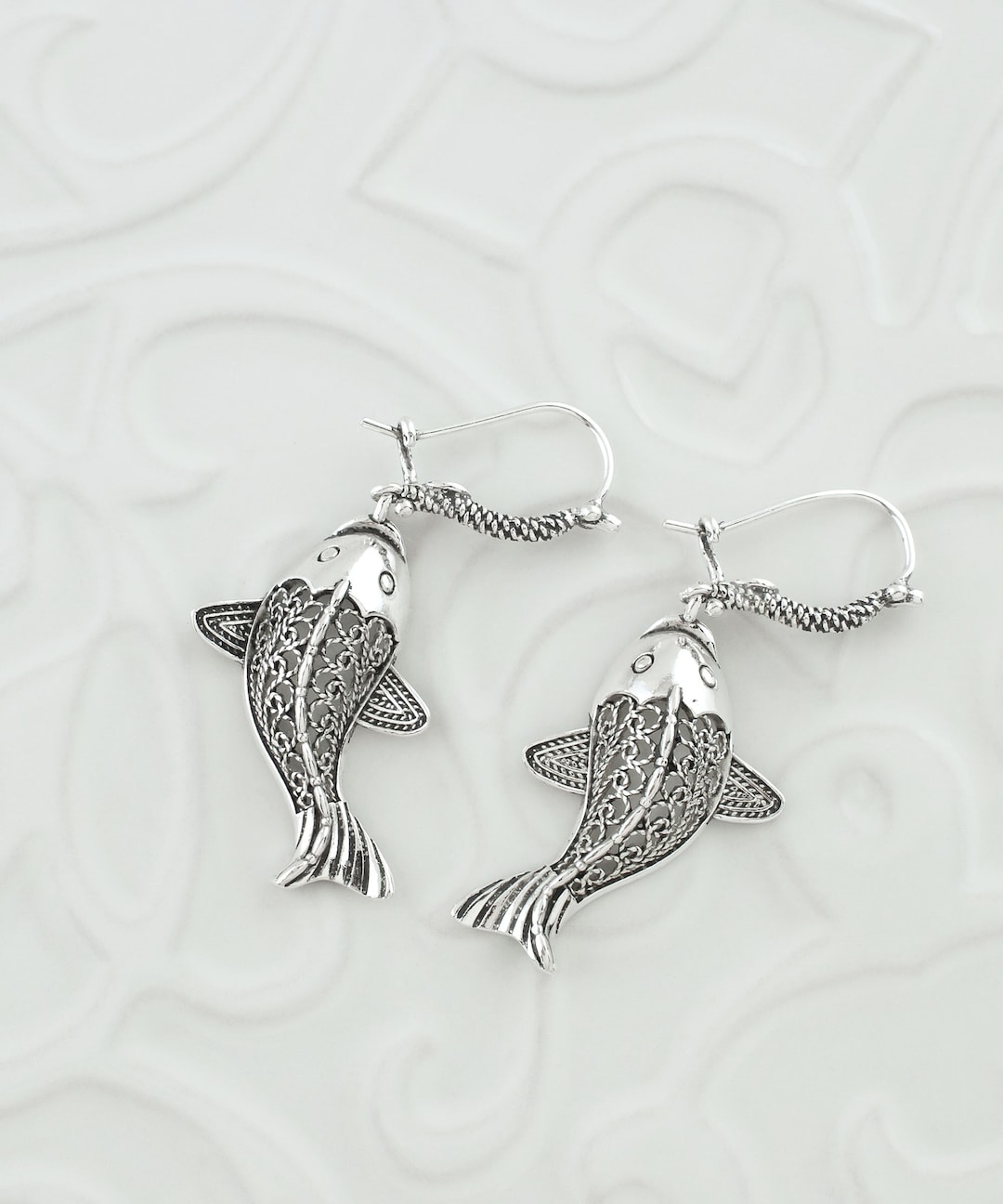 925 Sterling Silver Fish Dangle Earrings, Solid Silver Handcrafted ...
