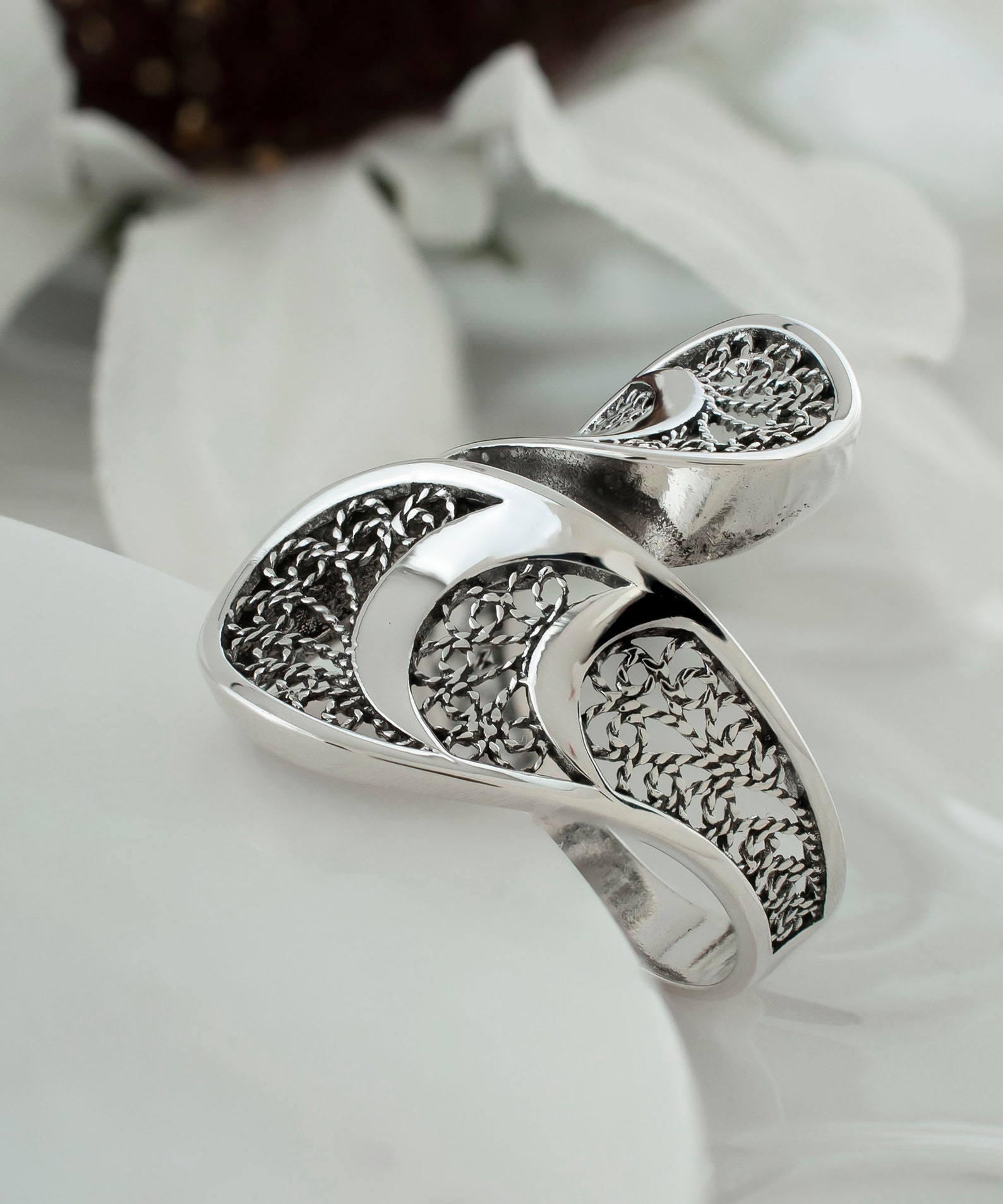 925 Sterling Silver Women Bypass Ring, Filigree Art Leaf Shaped Wrap ...