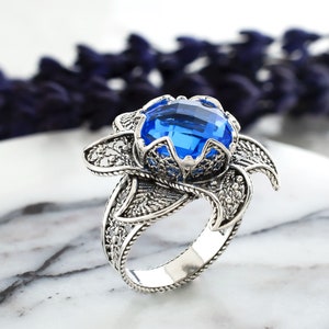 925 Sterling Silver Lotus Flower Women Statement Ring, Blue Quartz ...