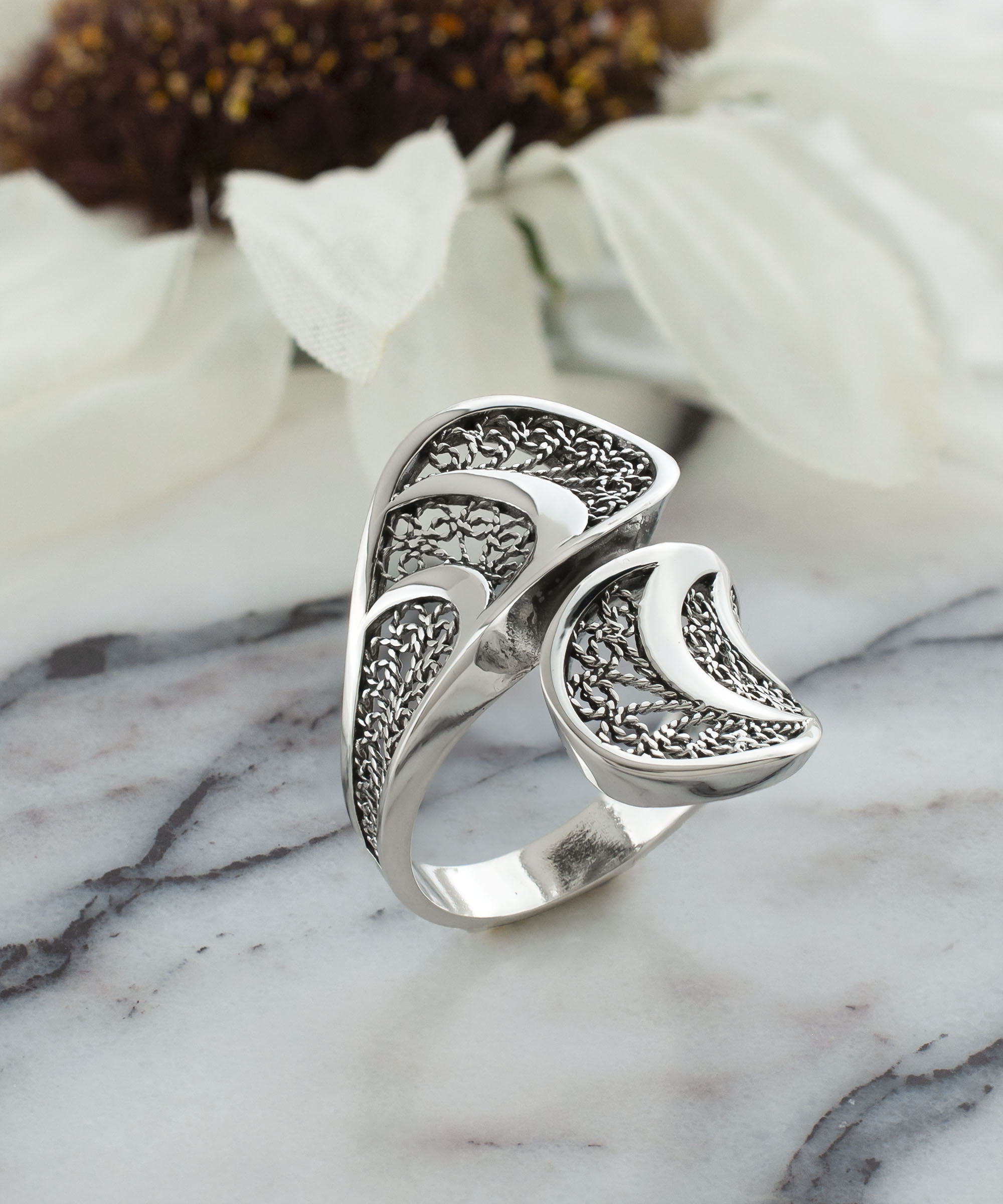 925 Sterling Silver Women Bypass Ring, Filigree Art Leaf Shaped Wrap ...