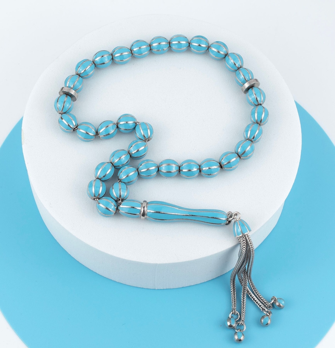 Gold Plated Sterling Silver 33 Beads Tasbih, Blue / Black / Turquoise ...