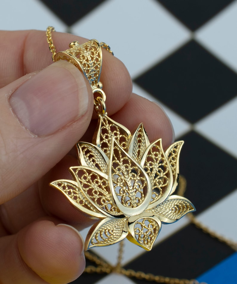 14k Solid Gold Filigree Art Women Lotus Flower Pendant Necklace, Solid ...