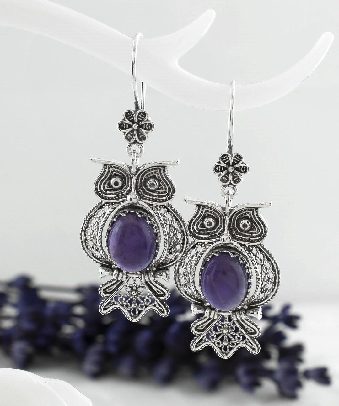 925 Sterling Silver Owl Design Amethyst Dangle Drop Earrings, Artisan ...