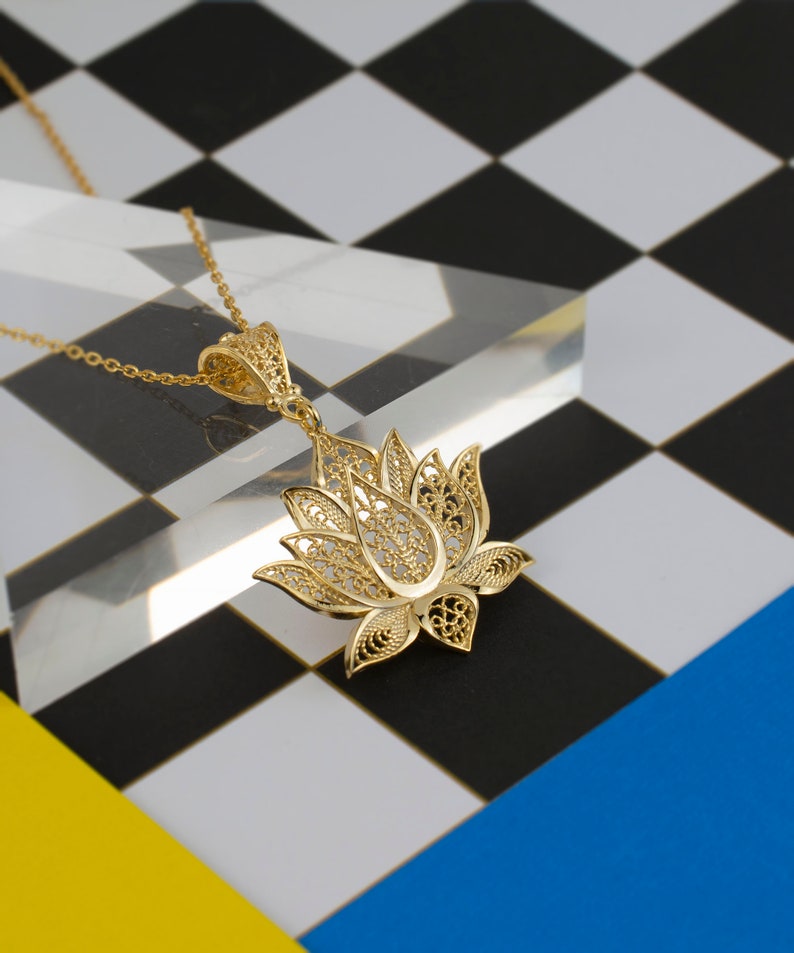 14k Solid Gold Filigree Art Women Lotus Flower Pendant Necklace, Solid ...