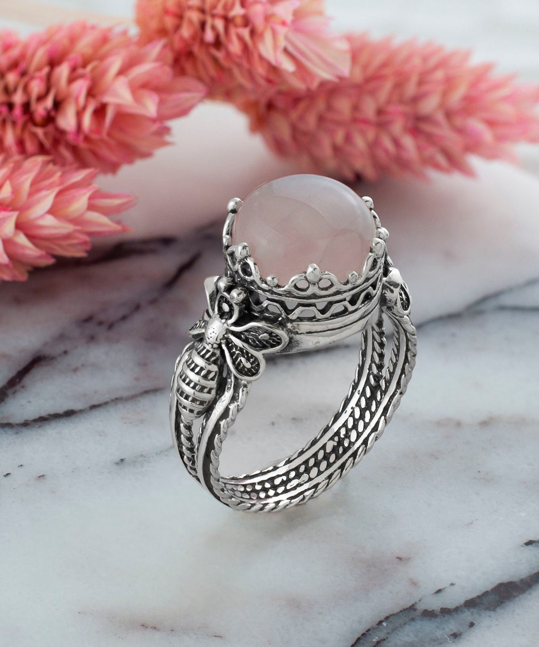 925 Sterling Silver Filigree Bee Detailed Women Cocktail Ring, Rose ...