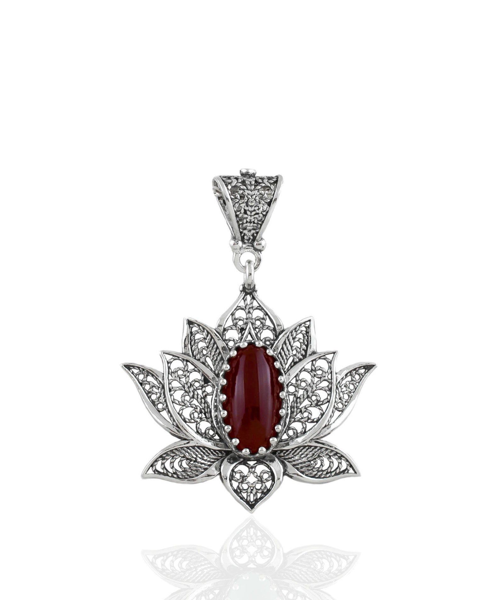925 Sterling Silver Filigree Lotus Flower Carnelian Pendant Necklace ...